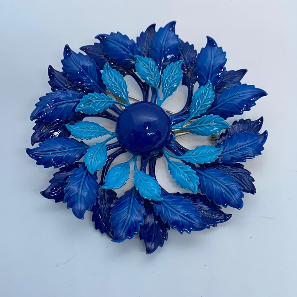 Vintage Big Blue Flower Enamel Brooch Pin - Gem